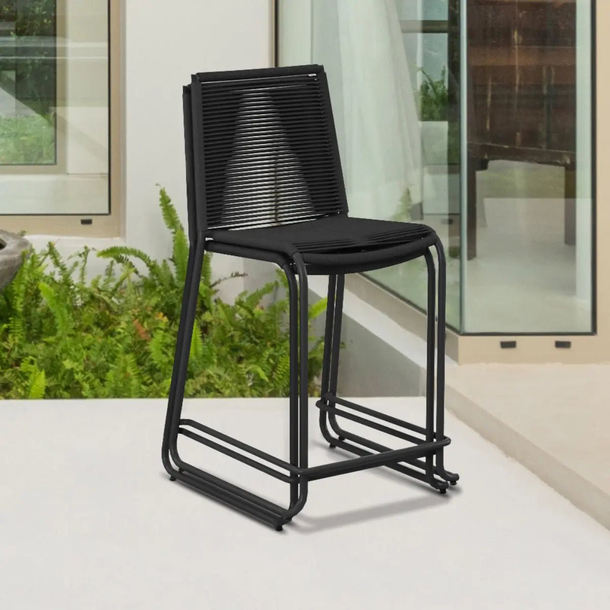 Outdoor Stackable Bar Stools, Set of 2, Black, Rope & Metal