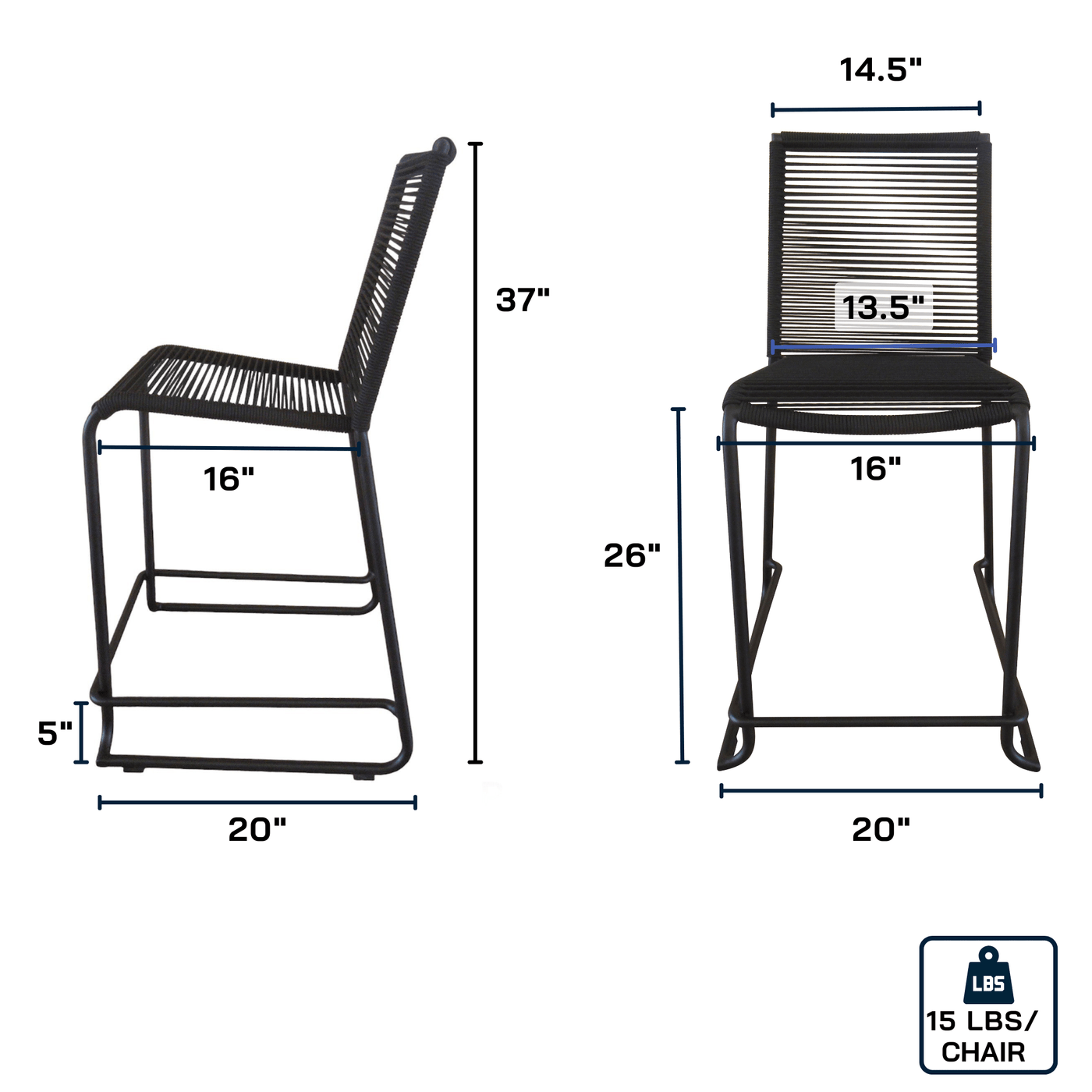 Outdoor Stackable Bar Stools, Set of 2, Black, Rope & Metal