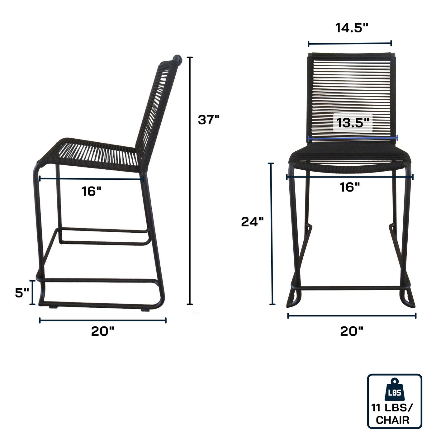 Outdoor Stackable Bar Stools, Set of 2, Black, Rope & Metal