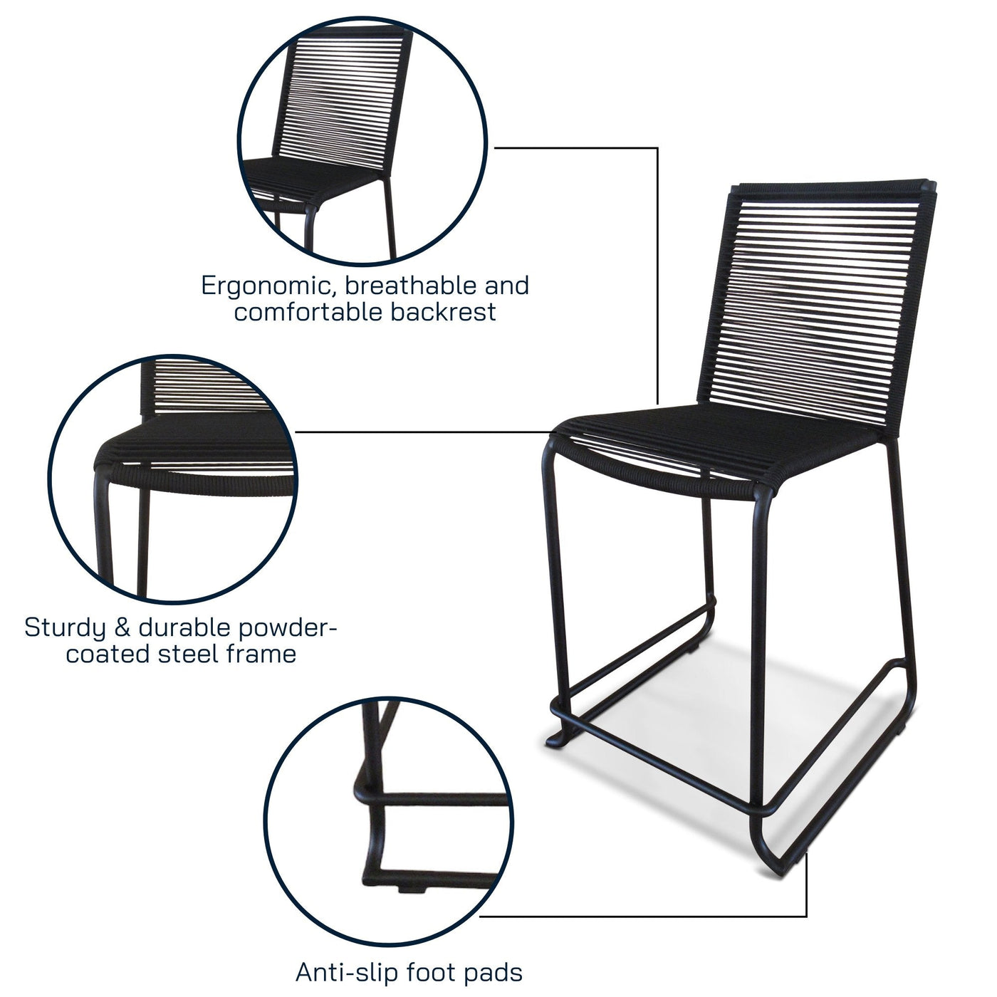 Outdoor Stackable Bar Stools, Set of 2, Black, Rope & Metal