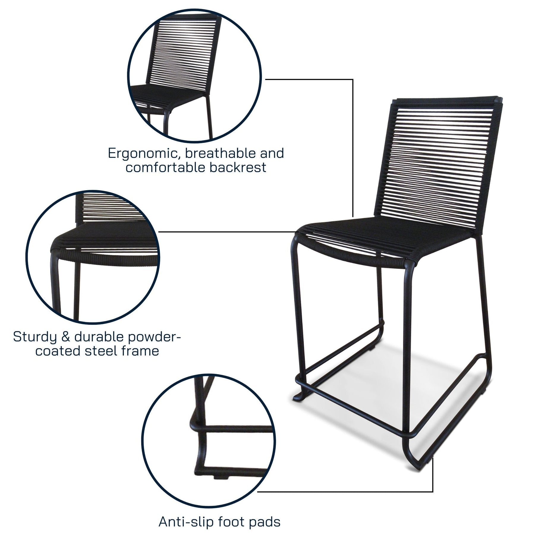 Outdoor Stackable Bar Stools, Set of 2, Black, Rope & Metal